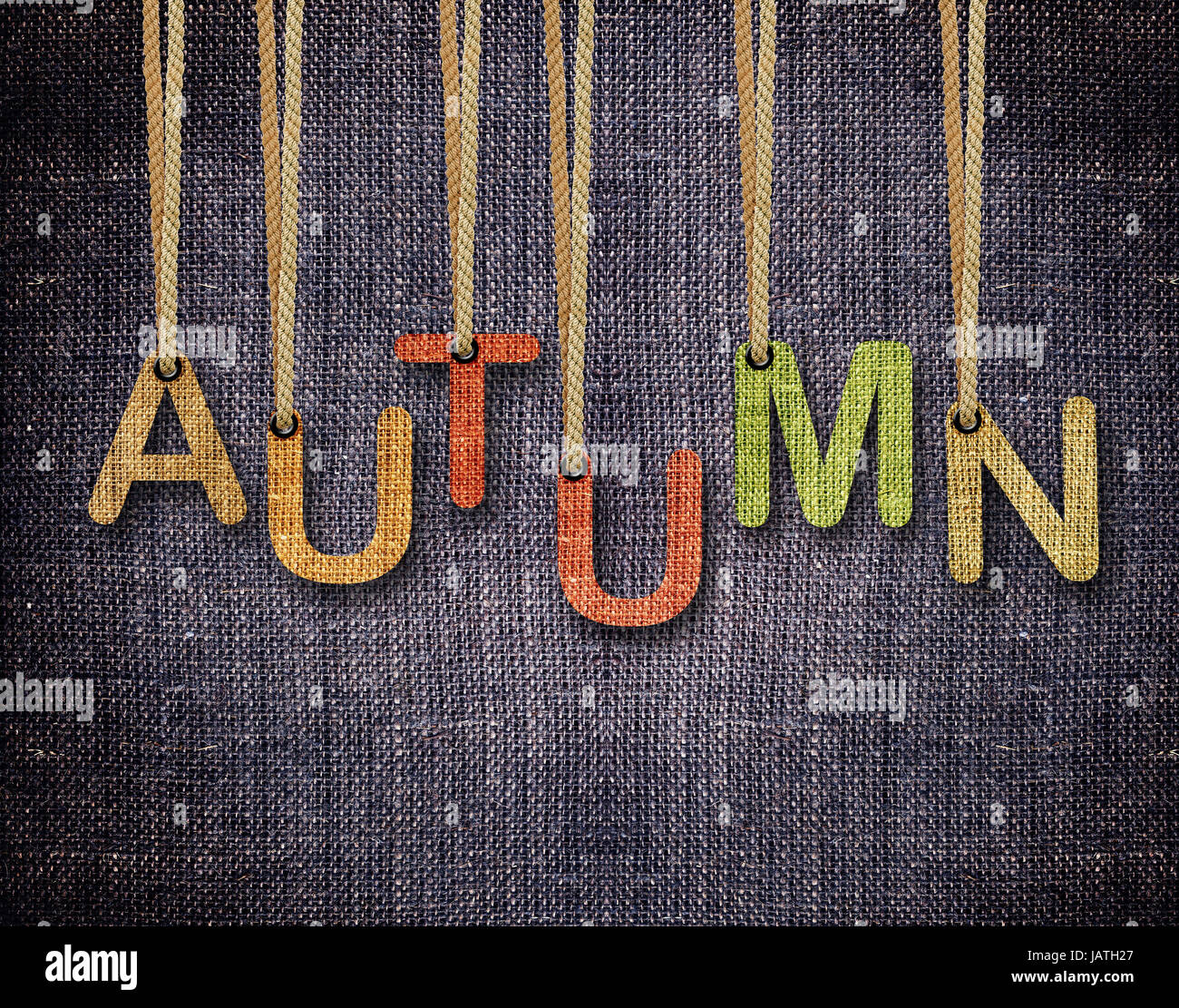 Autumn letters hanging strings with blue sackcloth background Stock Photo - Alamy