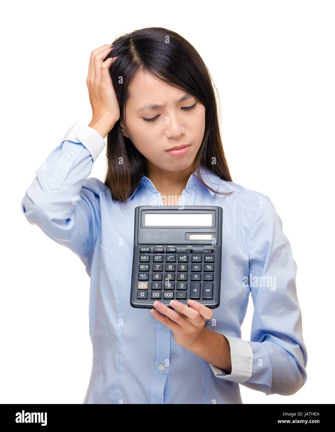 Asian woman feel sad and trouble with calculator Stock Photo - Alamy