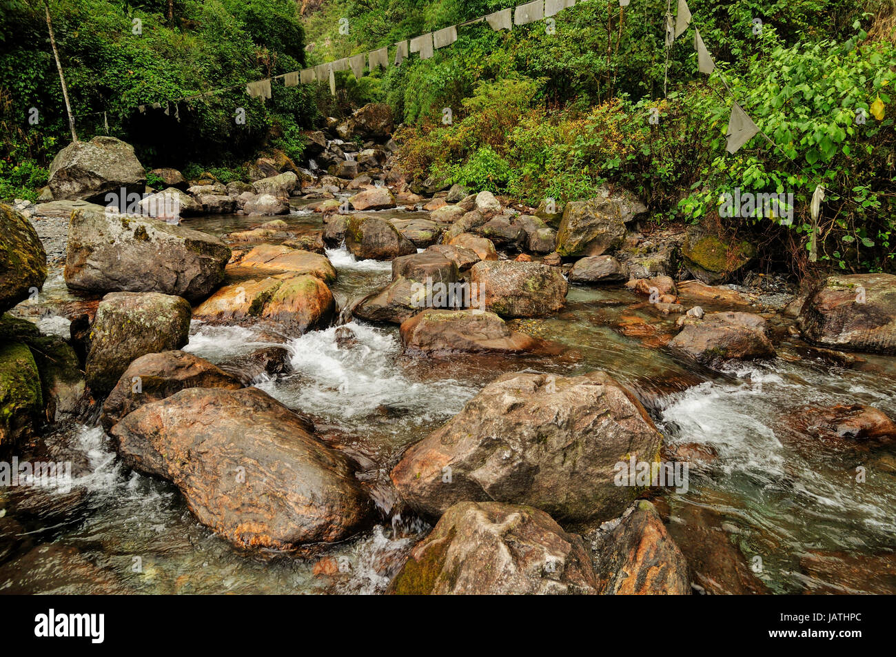 Water flowing through rocks, Reshi river, Reshikhola, Sikkim Stock ...