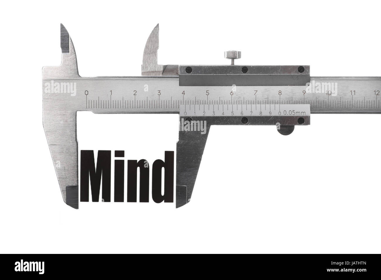 Two hands holding a caliper, measuring the word "Mind Stock Photo - Alamy