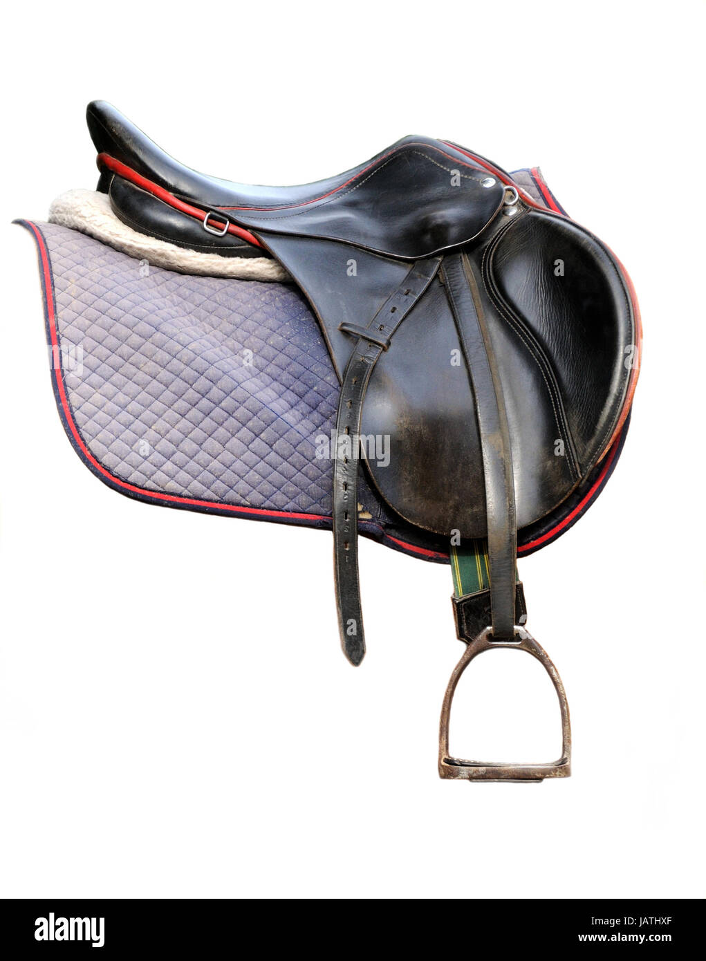 Black leather dressage saddle isolated on white background Stock Photo ...