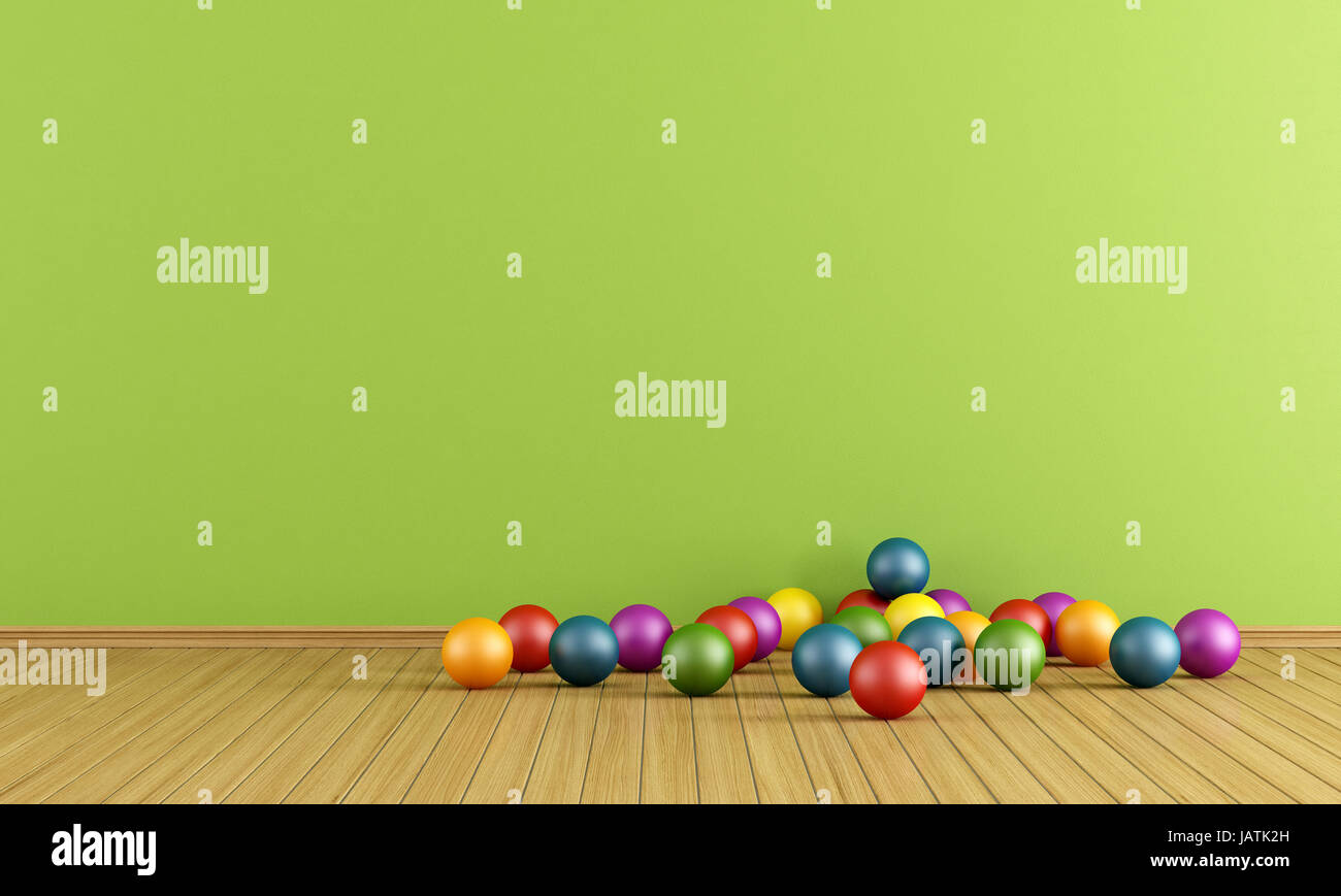 Green play room with colorful plastic balls - rendering Stock Photo - Alamy
