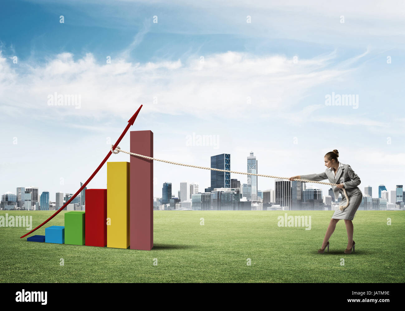 Businesswoman pulling graph with rope as concept of power and control ...