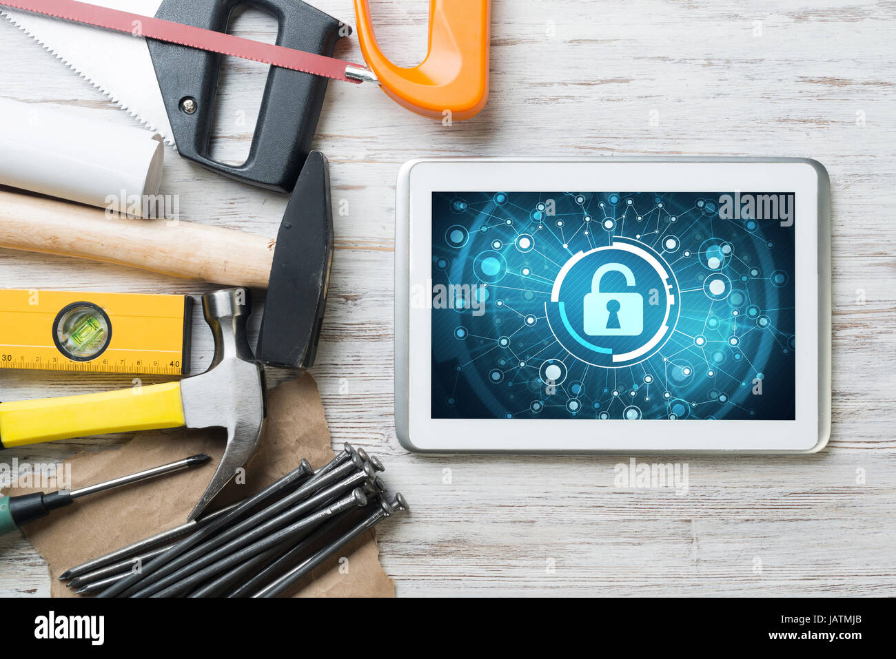 Web security and technology concept with tablet pc on wooden table ...