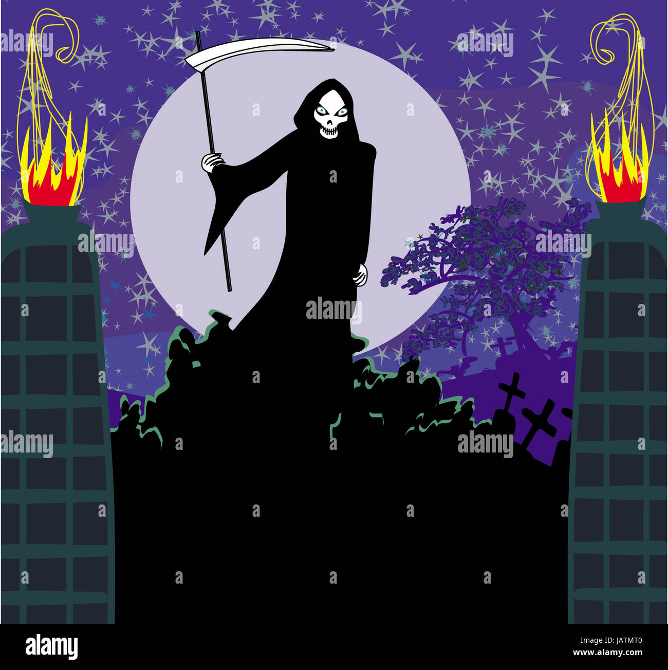illustration of grim holding sword standing near graveyard Stock Photo ...