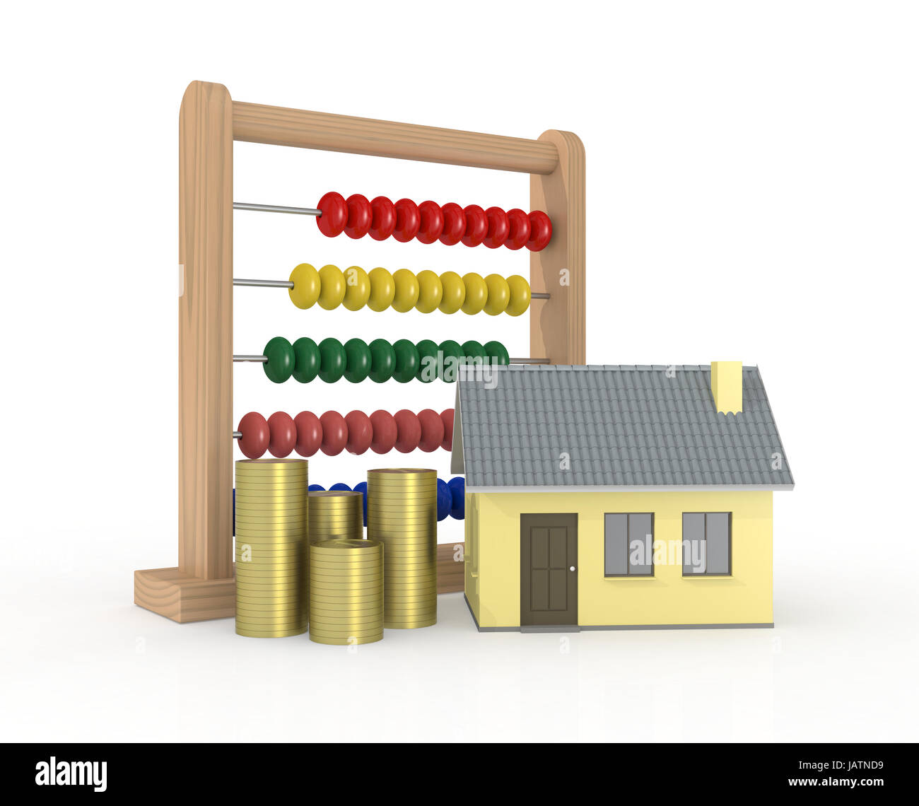 one abacus with a house and stacks of coins, concept of real estate (3d ...