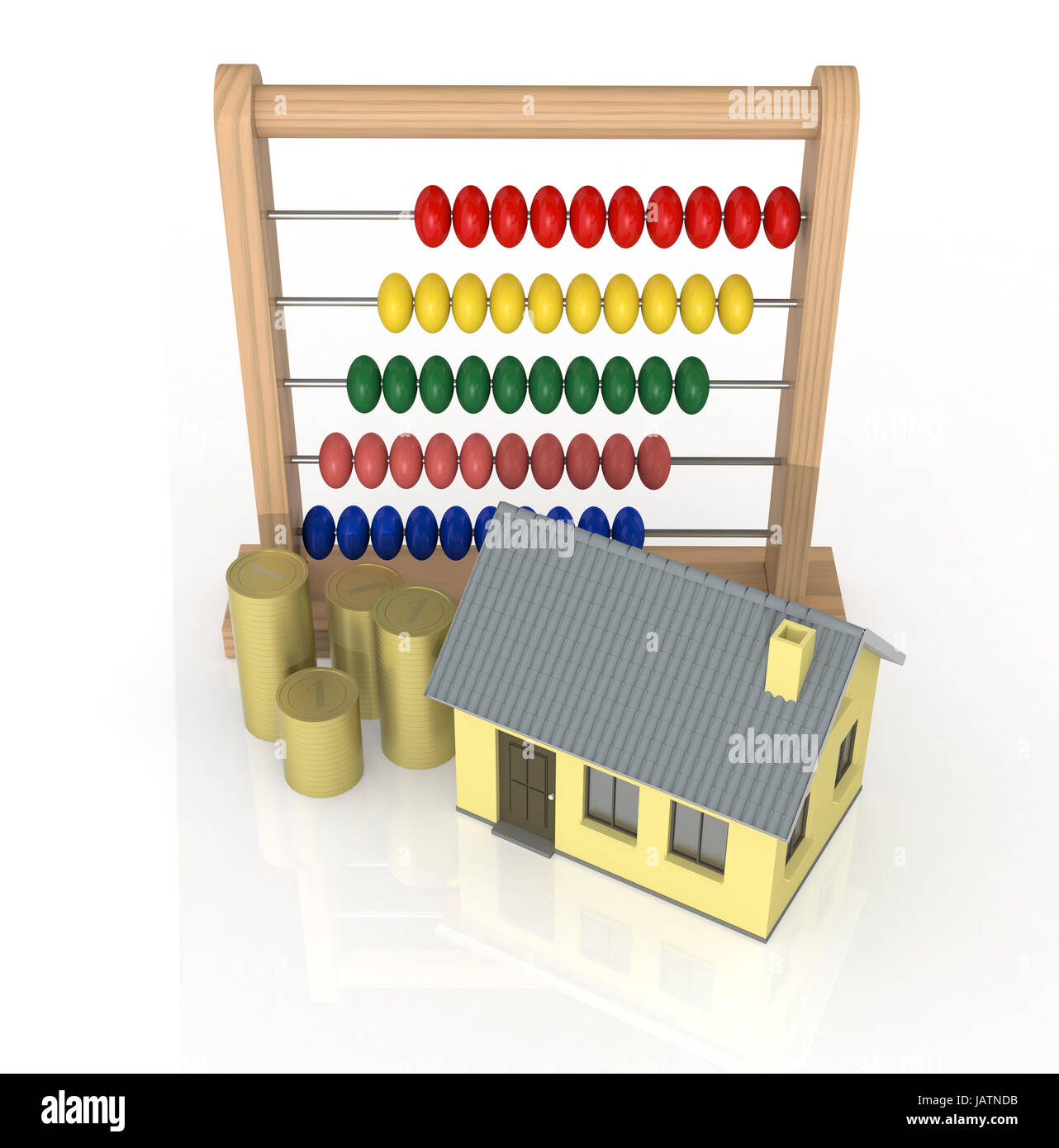 one abacus with a house and stacks of coins, concept of real estate (3d ...
