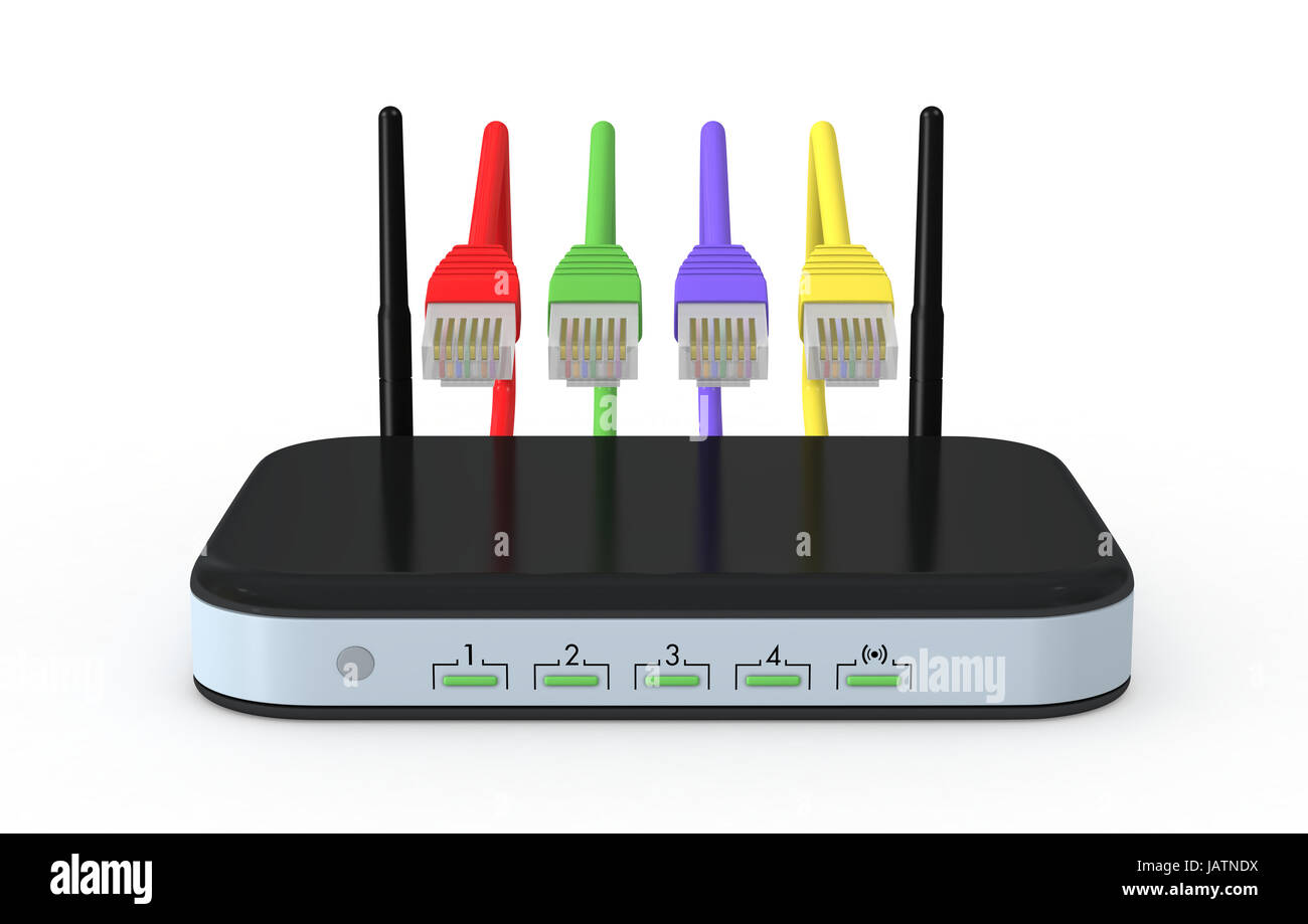 one modem router with network cables (3d render Stock Photo - Alamy