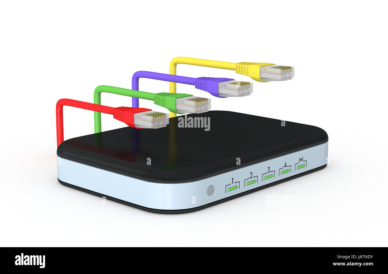 one modem router with network cables (3d render Stock Photo - Alamy
