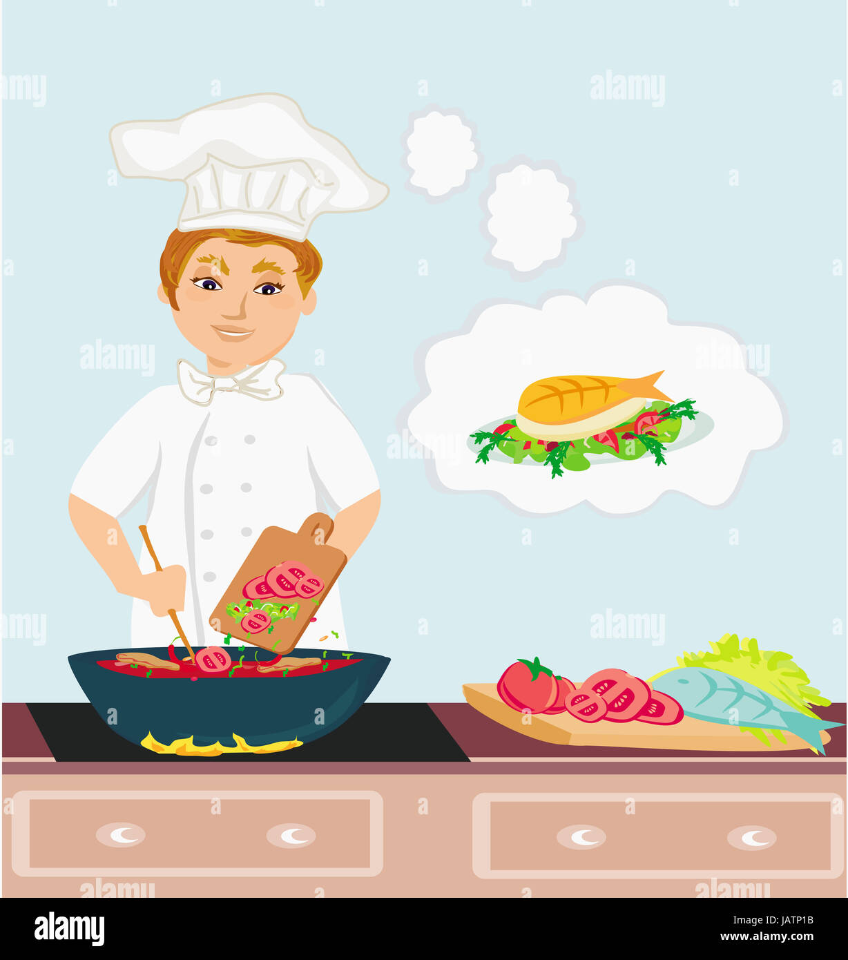 Cheerful chef cooks in the kitchen Stock Photo - Alamy