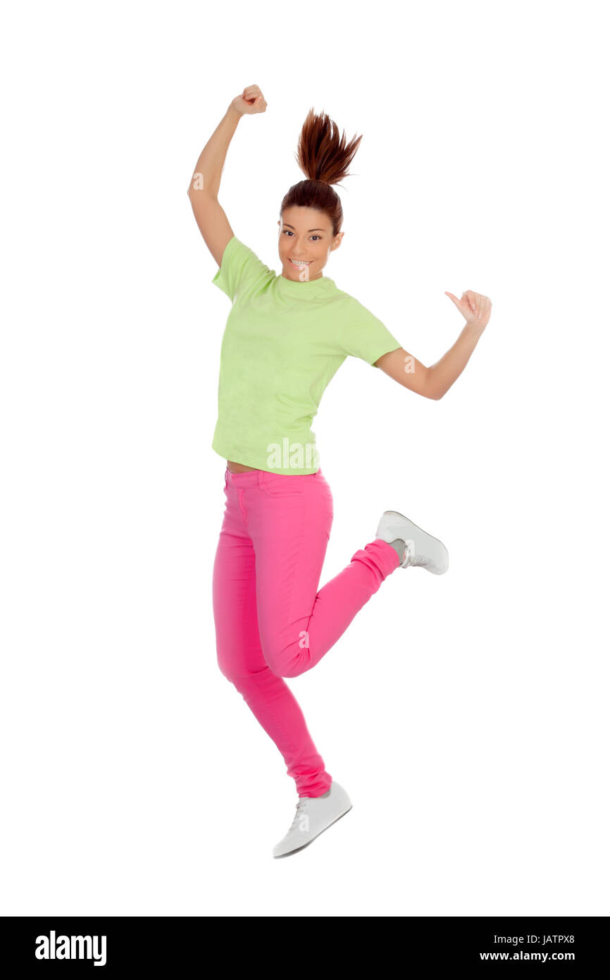 Happy winner girl jumping isolated on a white background Stock Photo ...