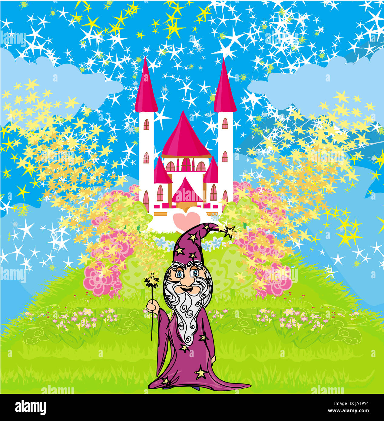 wizard uses magic in front of fairy-tale castle Stock Photo - Alamy