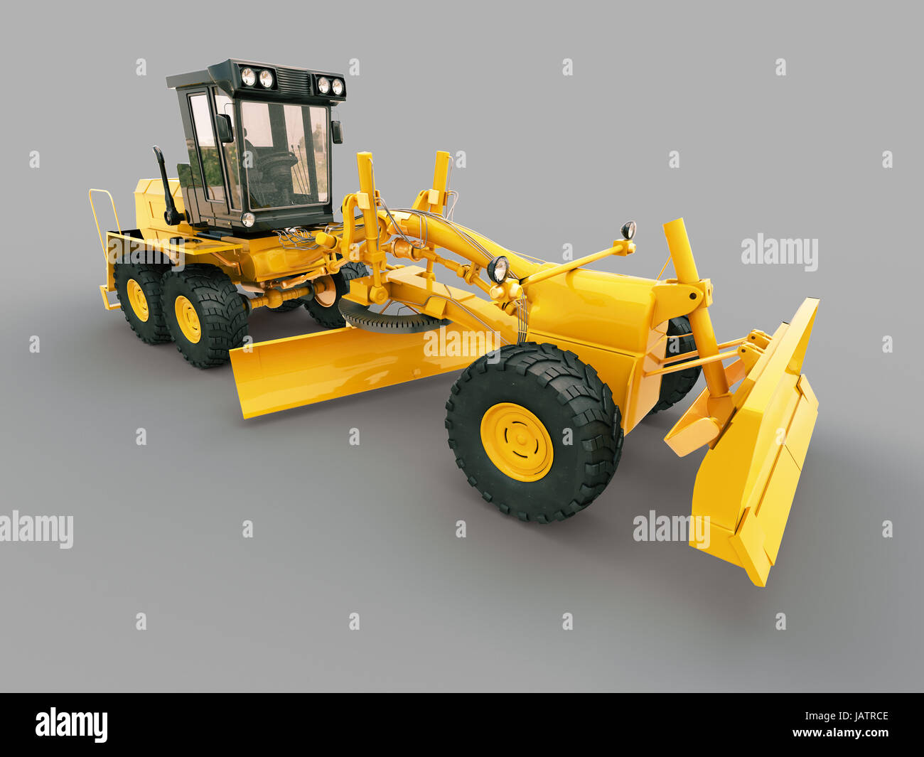 Modern three-axle road grader on a gray background Stock Photo - Alamy