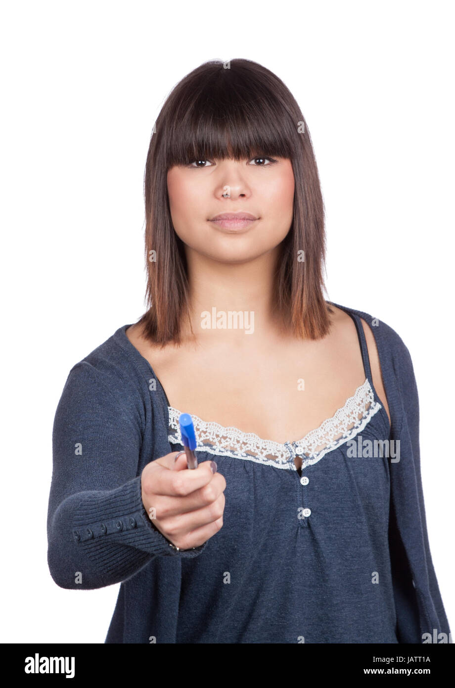 Freigestellte junge Frau überreicht einen blauen Stift Stock Photo - Alamy
