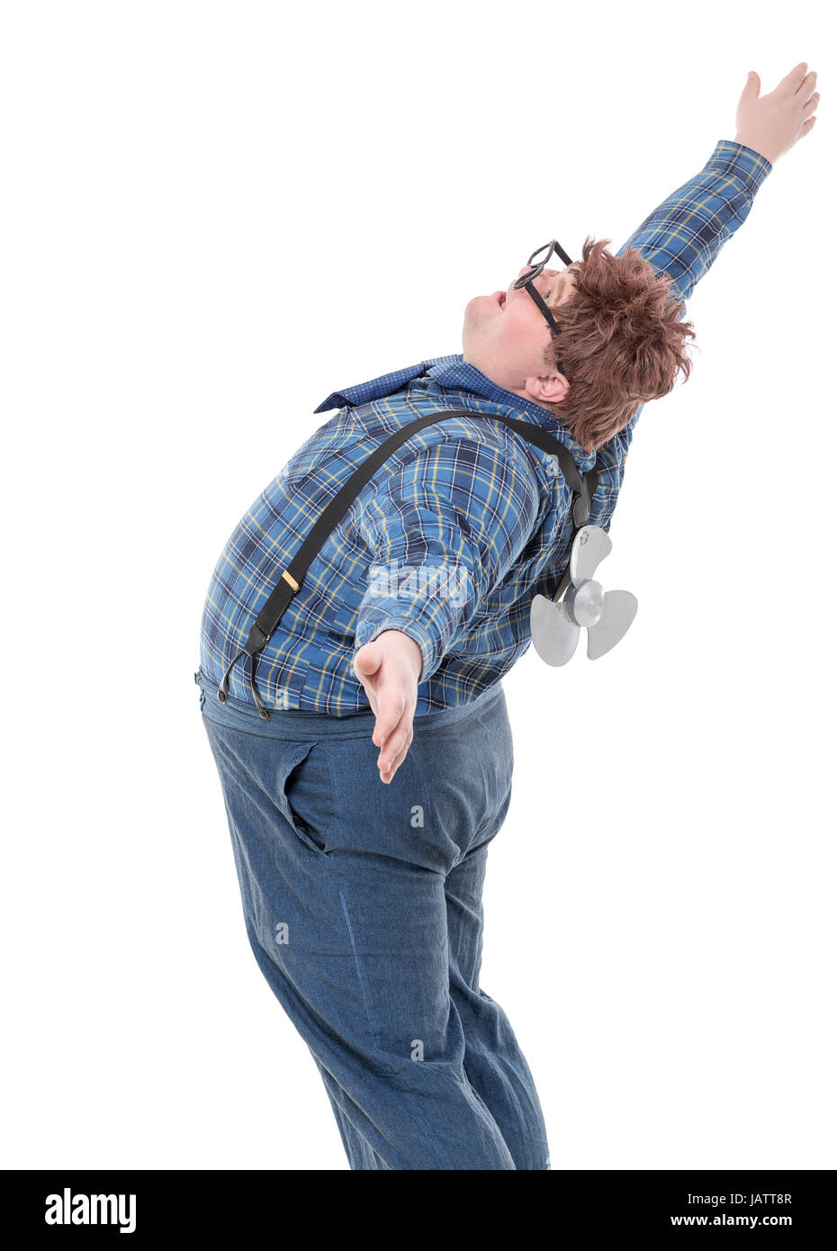 Overweight obese young man standing with his back arched and arms ...