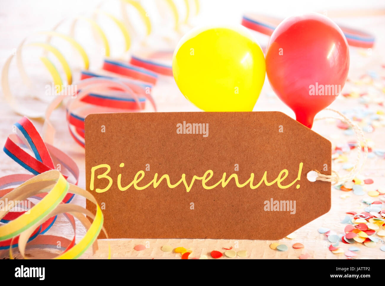 Party Label, Balloon, Streamer, Bienvenue Means Welcome Stock Photo - Alamy