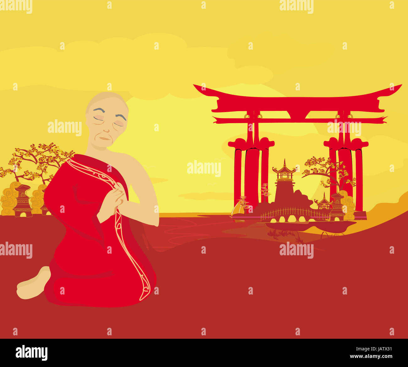 monk prays in sunset Stock Photo - Alamy