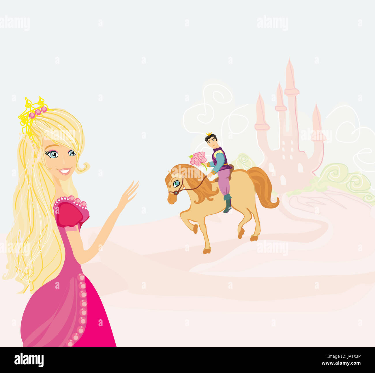 Prince riding a horse to the princess Stock Photo - Alamy