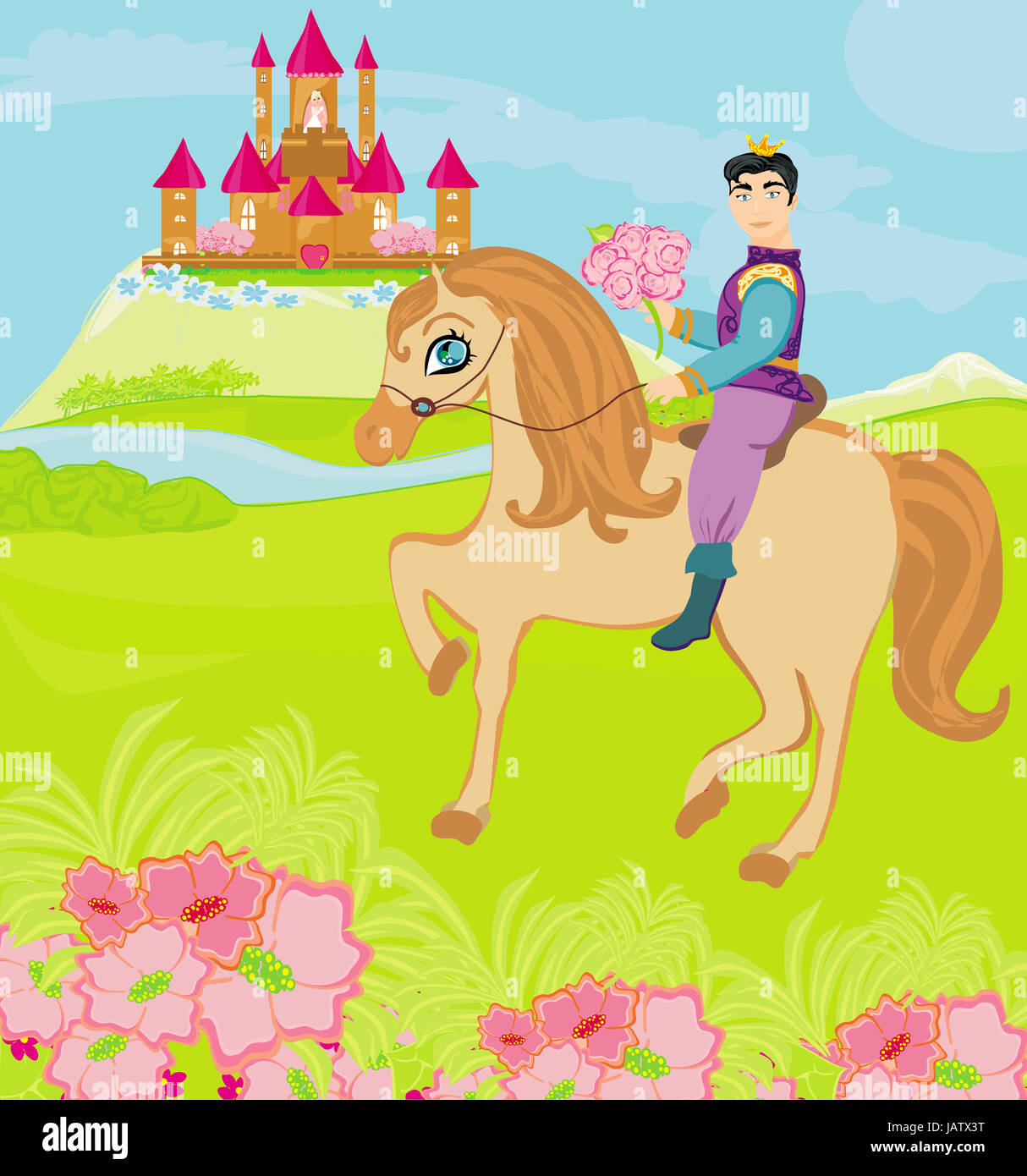 Prince riding a horse to the princess Stock Photo - Alamy