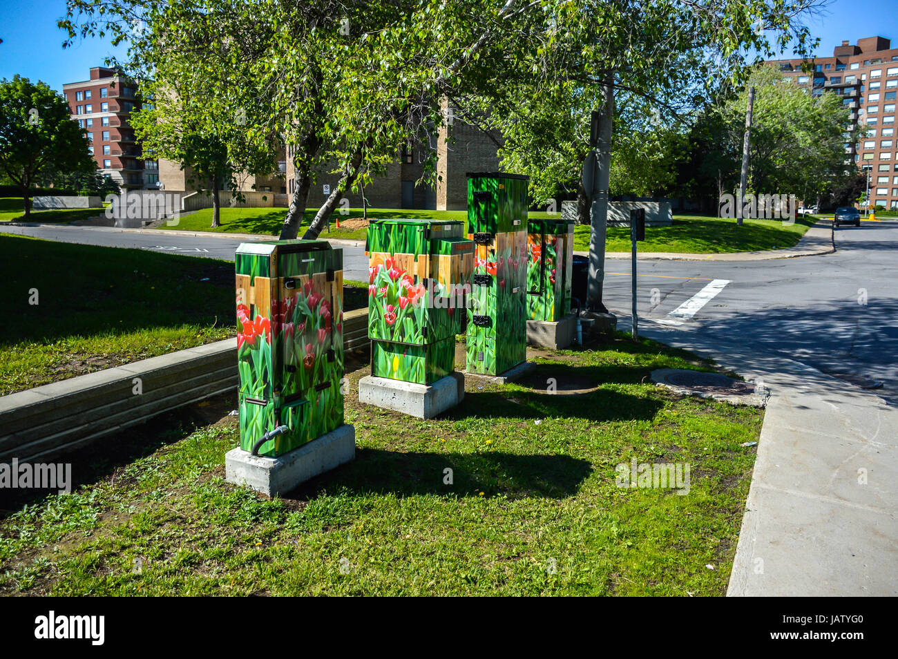 Montreal, Canada - June 7, 2017: Colorful telephone boxes on the street ...