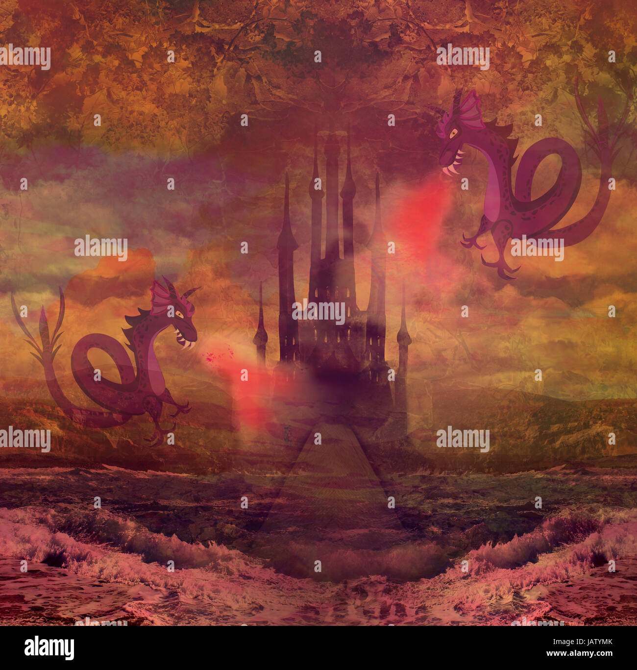 Two dragons attacking the castle Stock Photo - Alamy