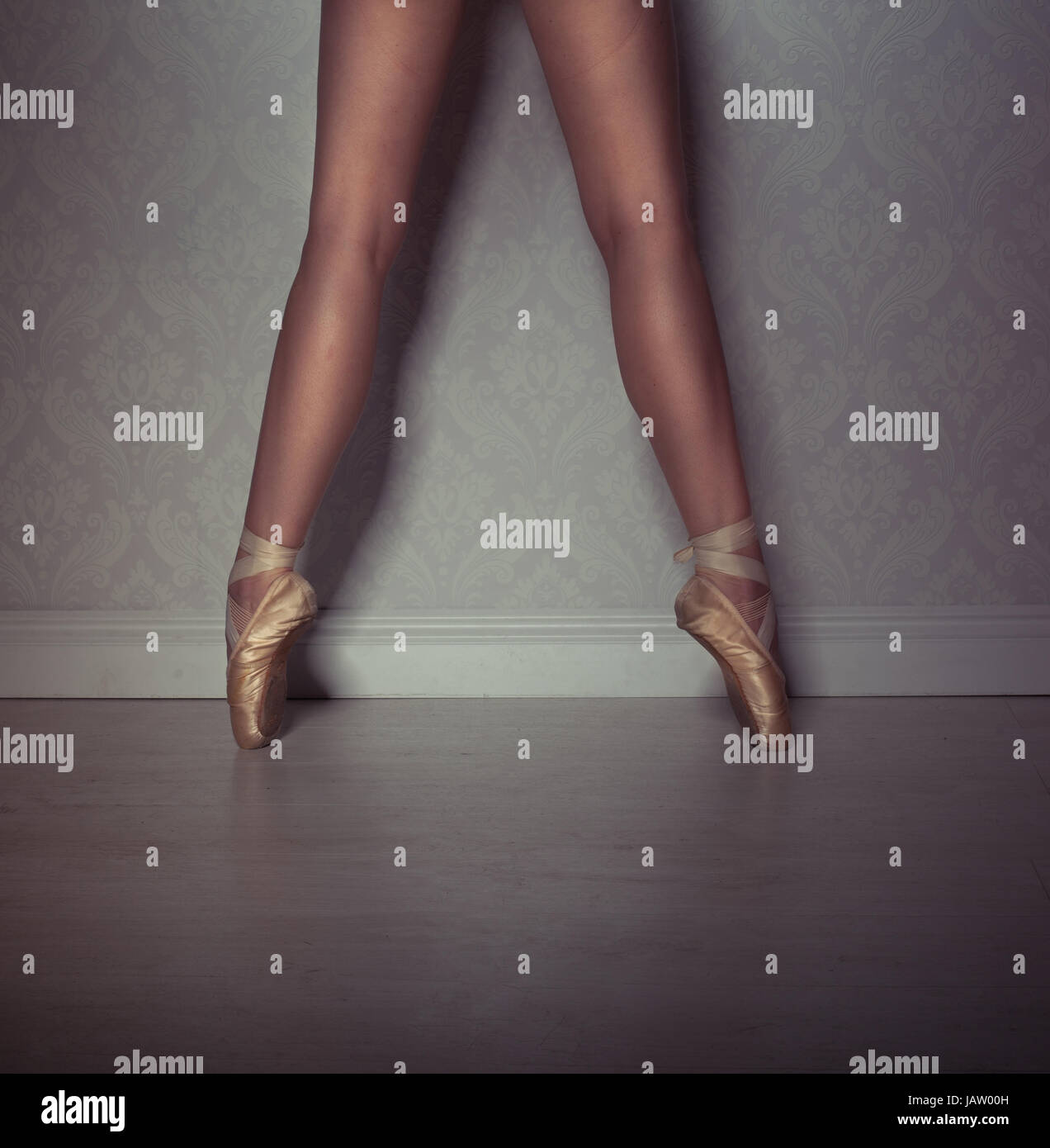 Legs of a ballet dancer or ballerina standing en pointe in her ballet ...
