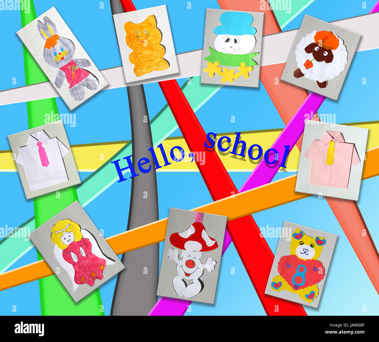different children's pictures isolated on the light blue background ...