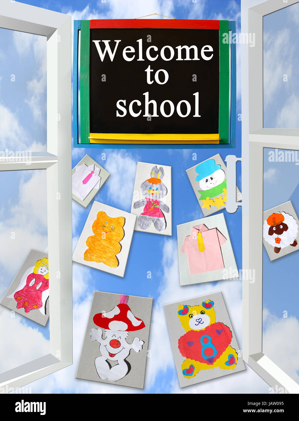 opened window with different children's pictures and school Stock Photo ...