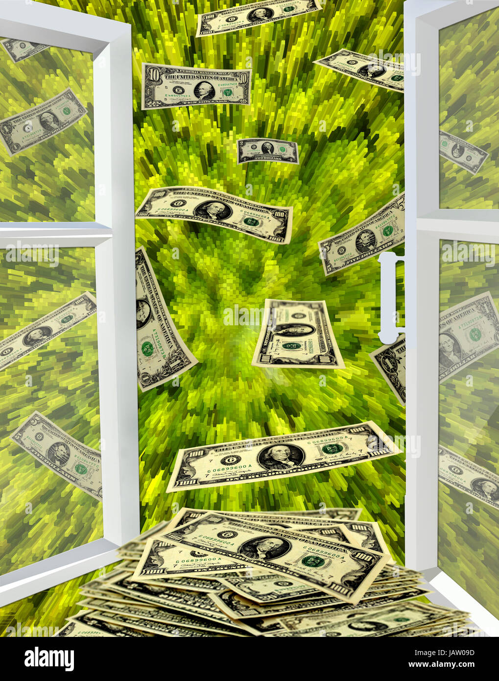 opened window to the green abstract image and flying away dollars Stock ...