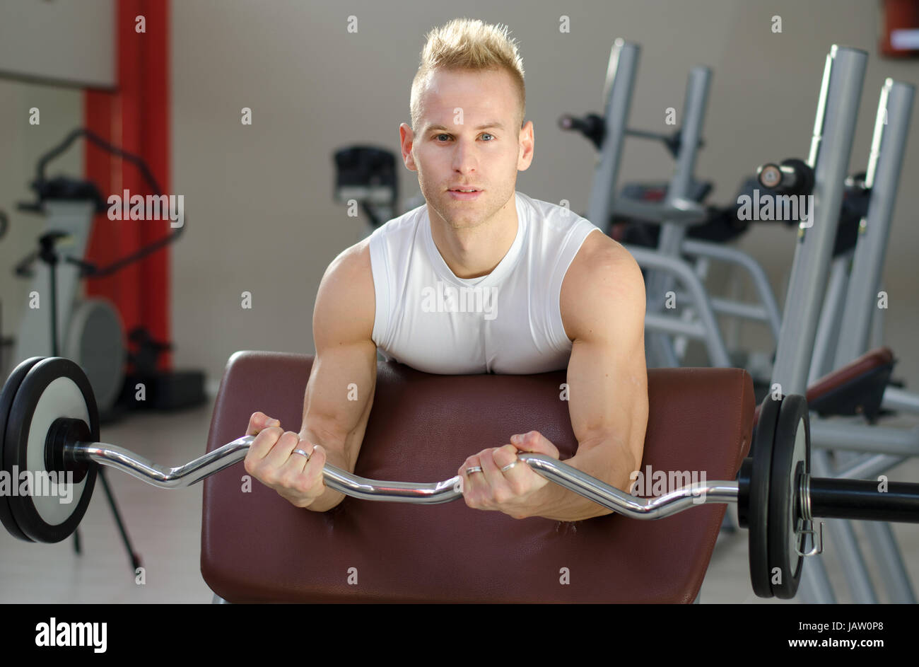 Handsome young man training biceps lifting barbell on bench in a gym ...