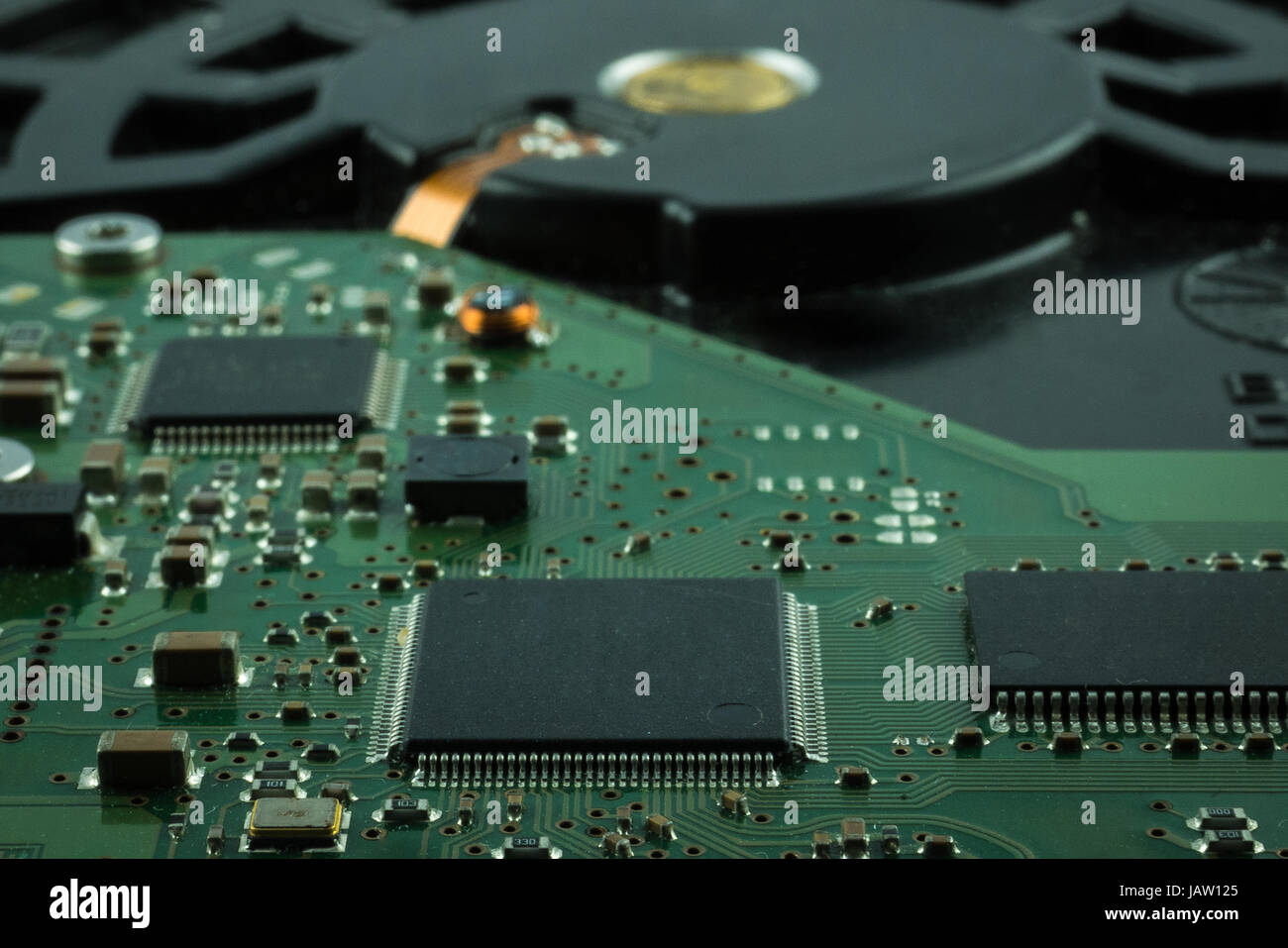 Close up inside of Hard disk drive (HDD) . Detail of electronic parts ...