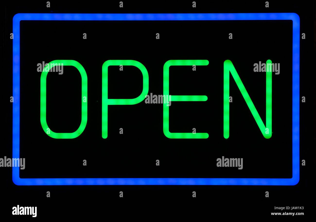 Green open sign with blue frame Stock Photo - Alamy