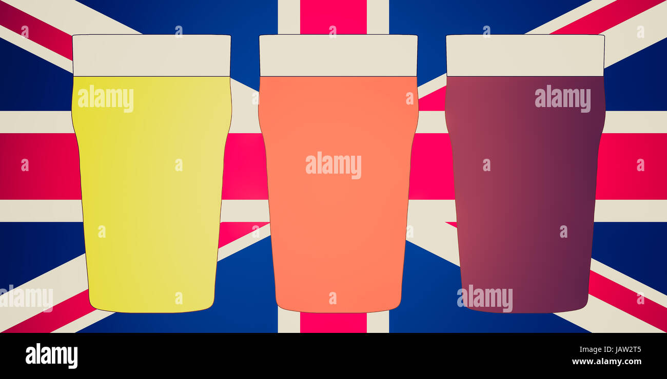 Retro looking Three pints of British beer including lager, bitter and ...