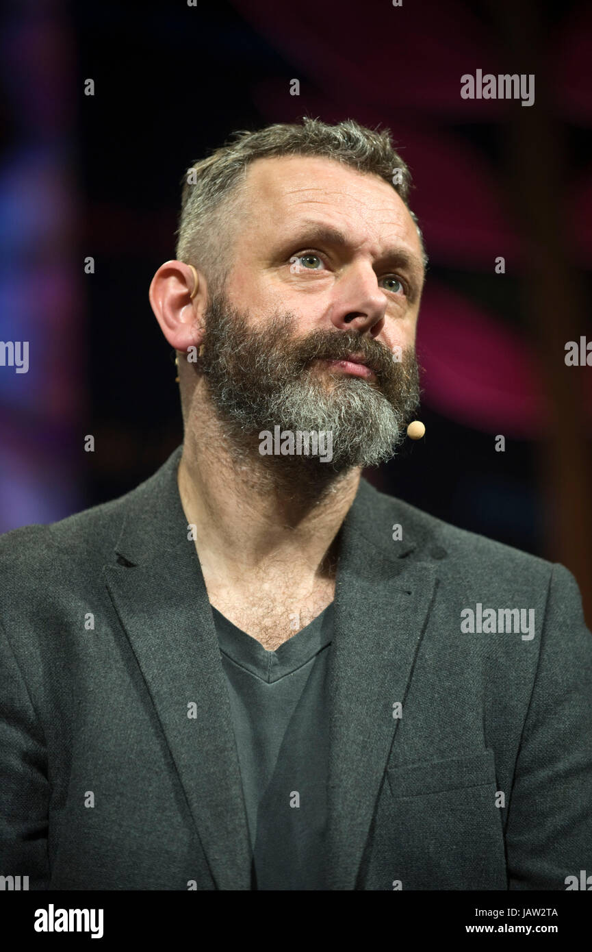 Michael Sheen actor giving the Aneurin Bevan Lecture on stage at Hay ...
