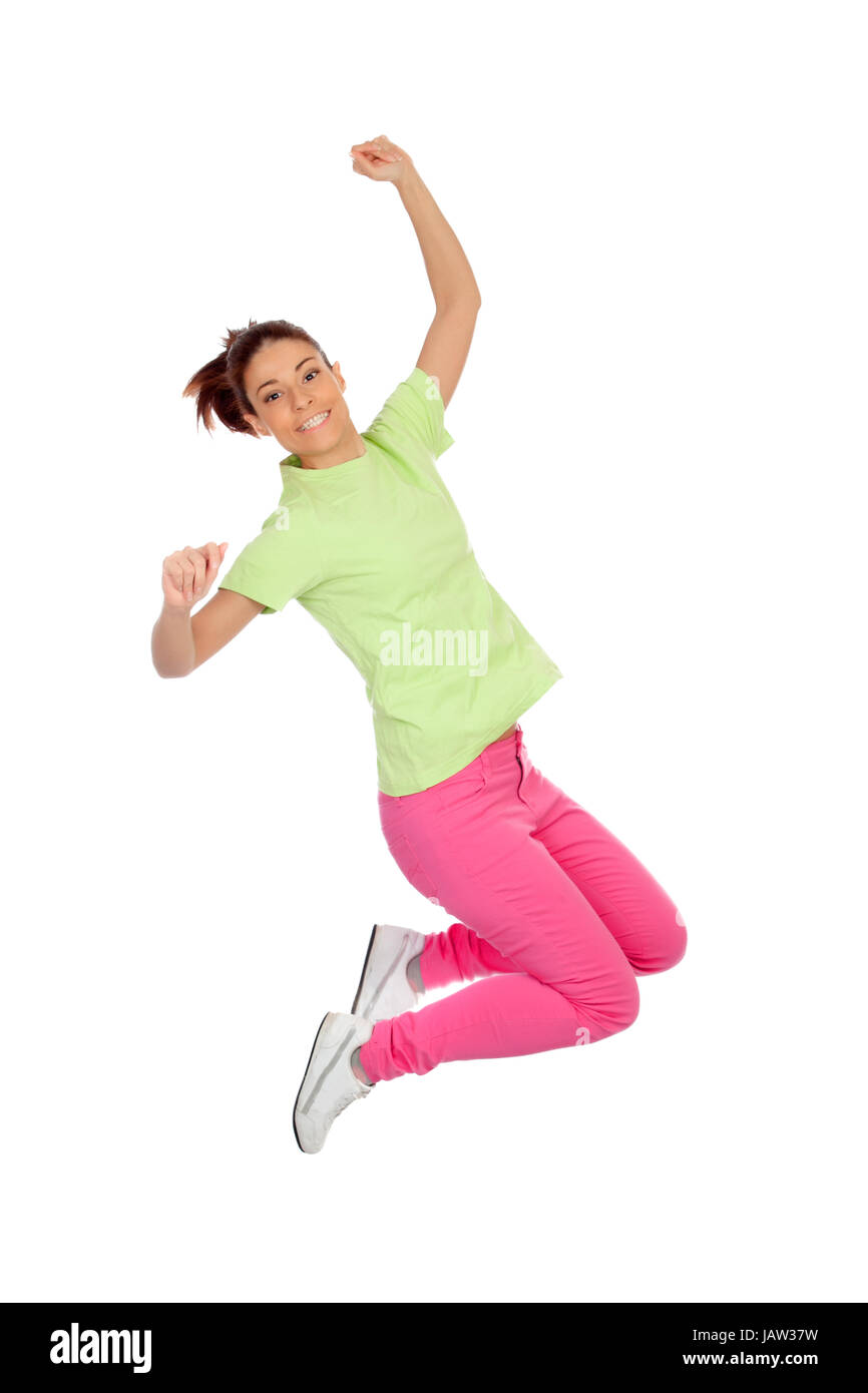 Happy winner girl jumping isolated on a white background Stock Photo ...