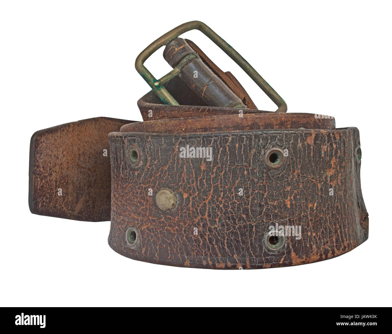 vintage leather belt with brass buckle over white, clipping path Stock ...