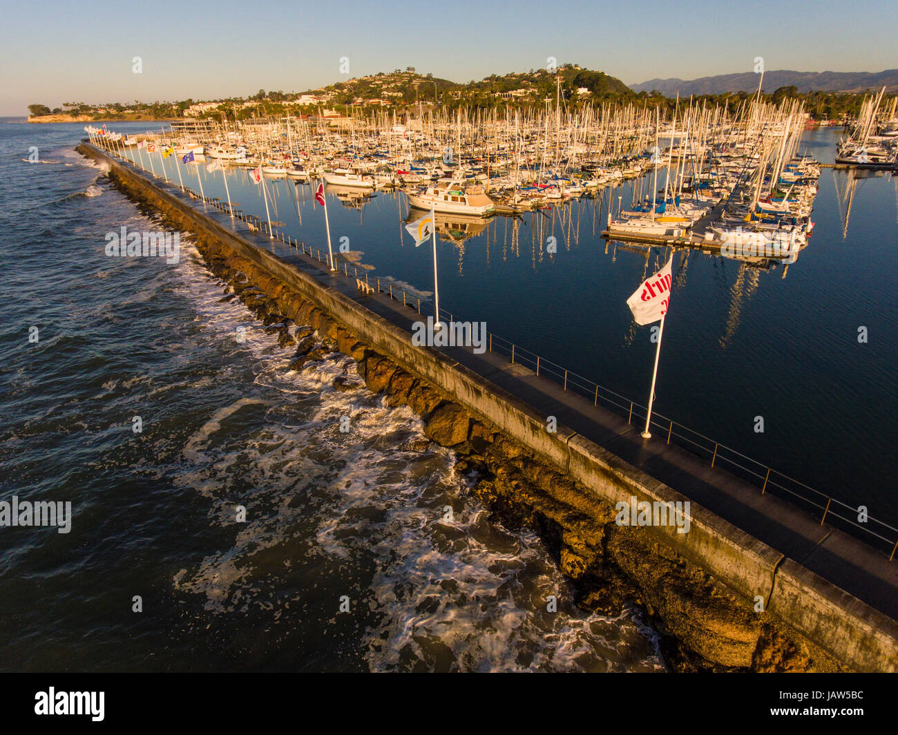 aerial of boats in Santa Barbara Harbor and breakwater, Santa Barbara ...