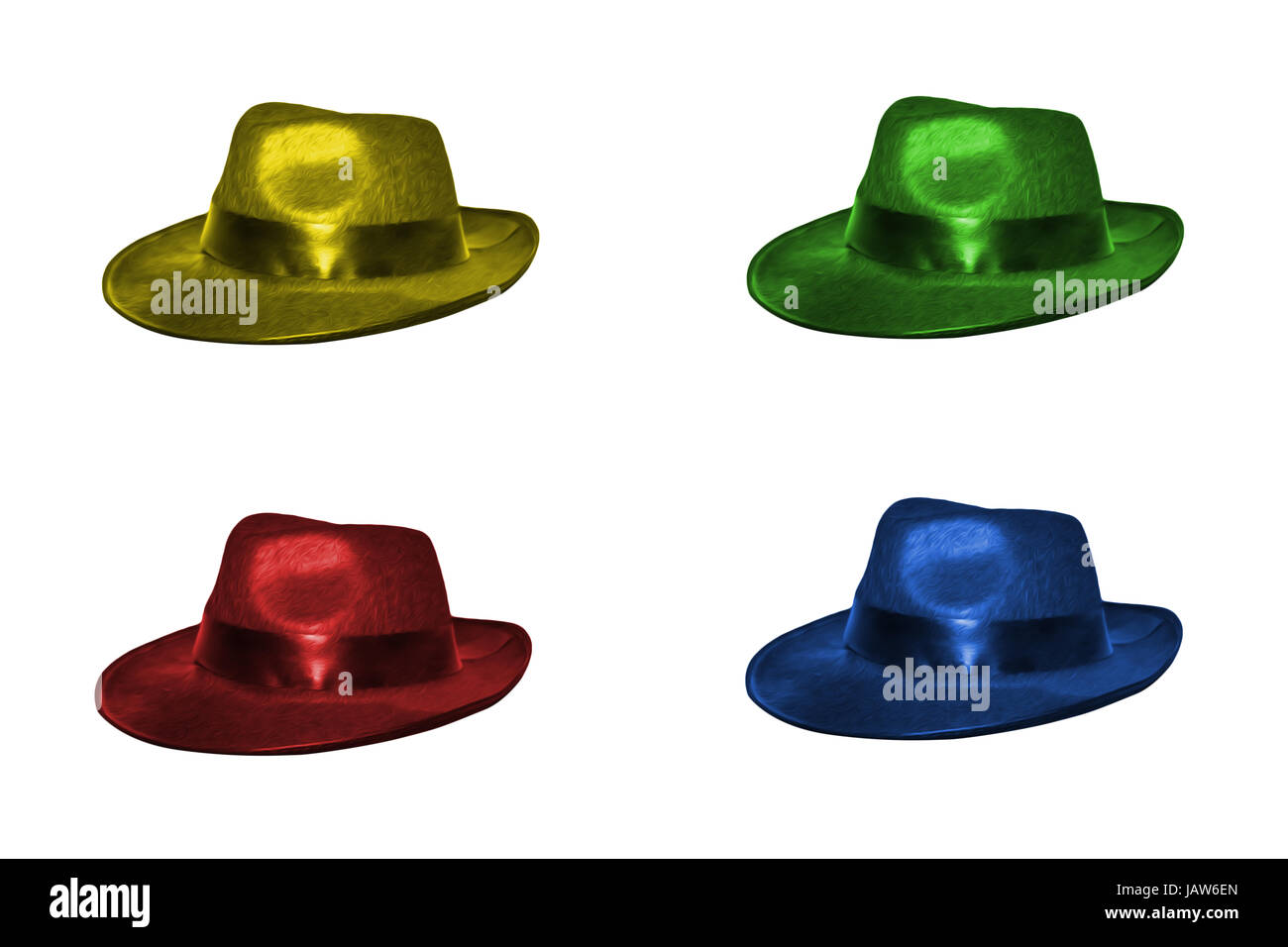 Four hats in yellow, green, red and blue isolated on white Stock Photo ...