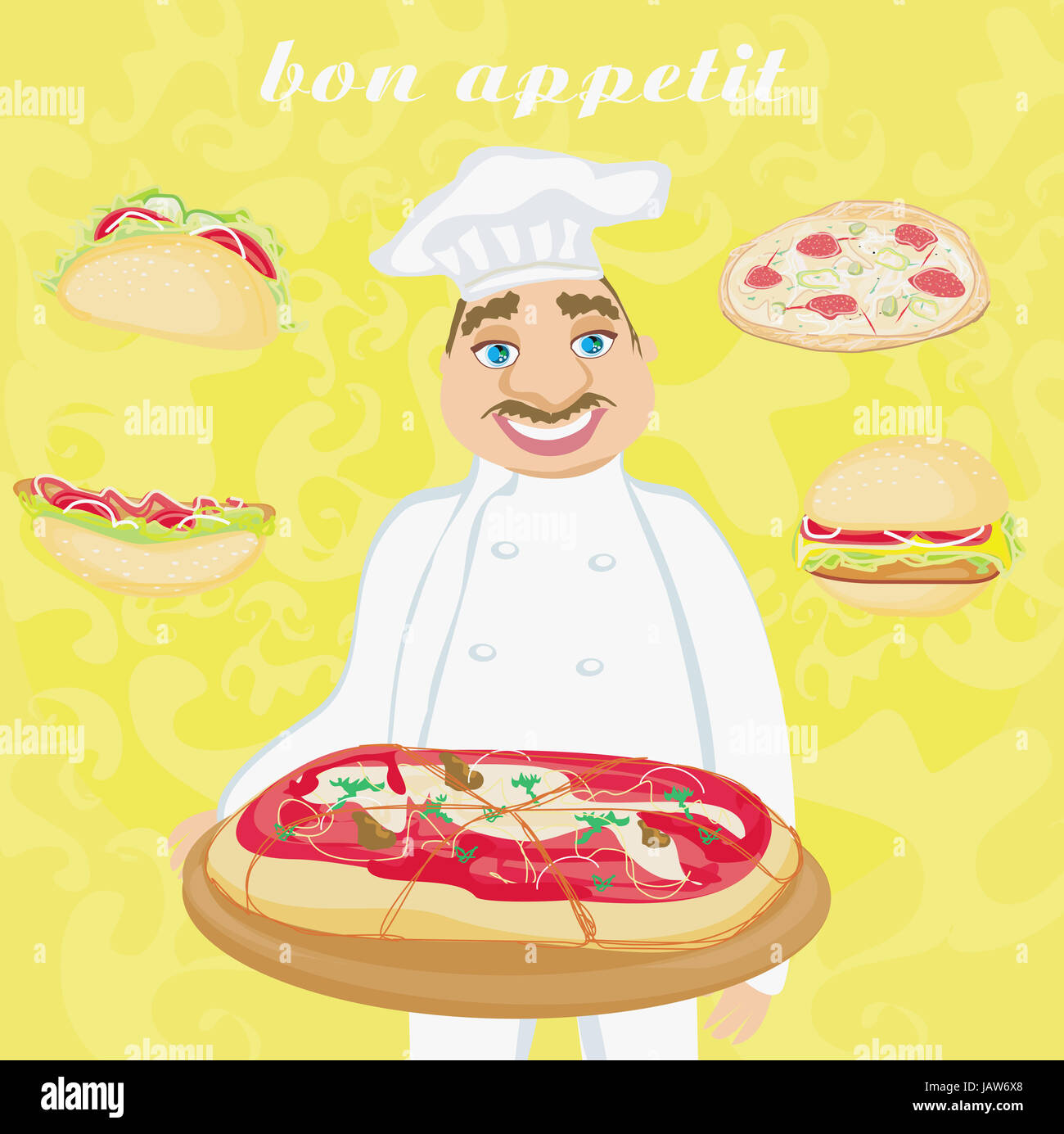 funny chef serves pizza, Abstract card with fast food set Stock Photo ...