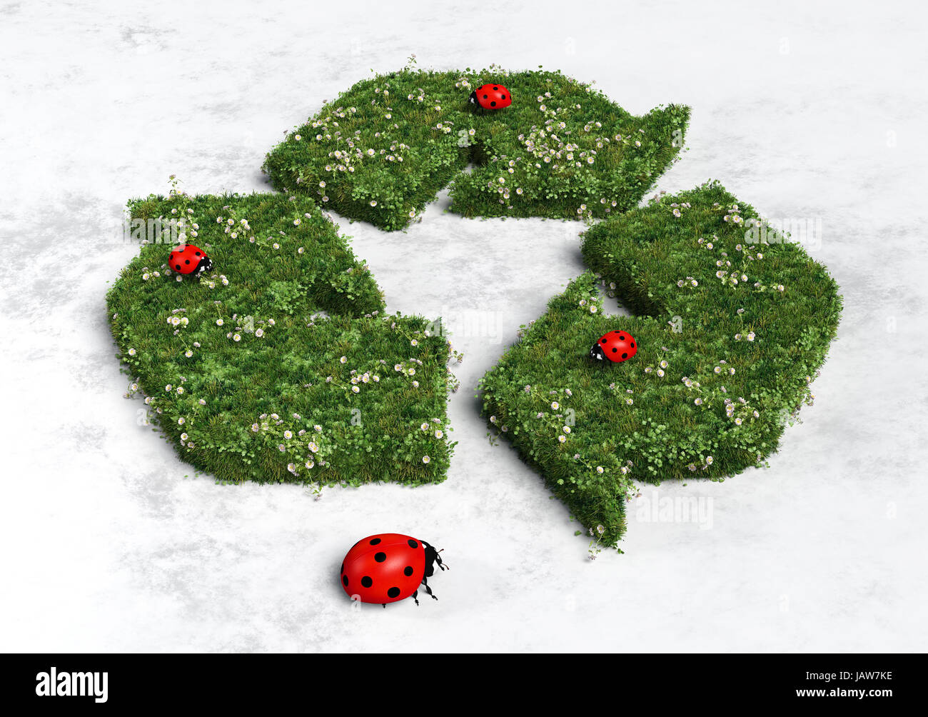 recycling symbol covered by grass and flowers with three ladybugs on it ...