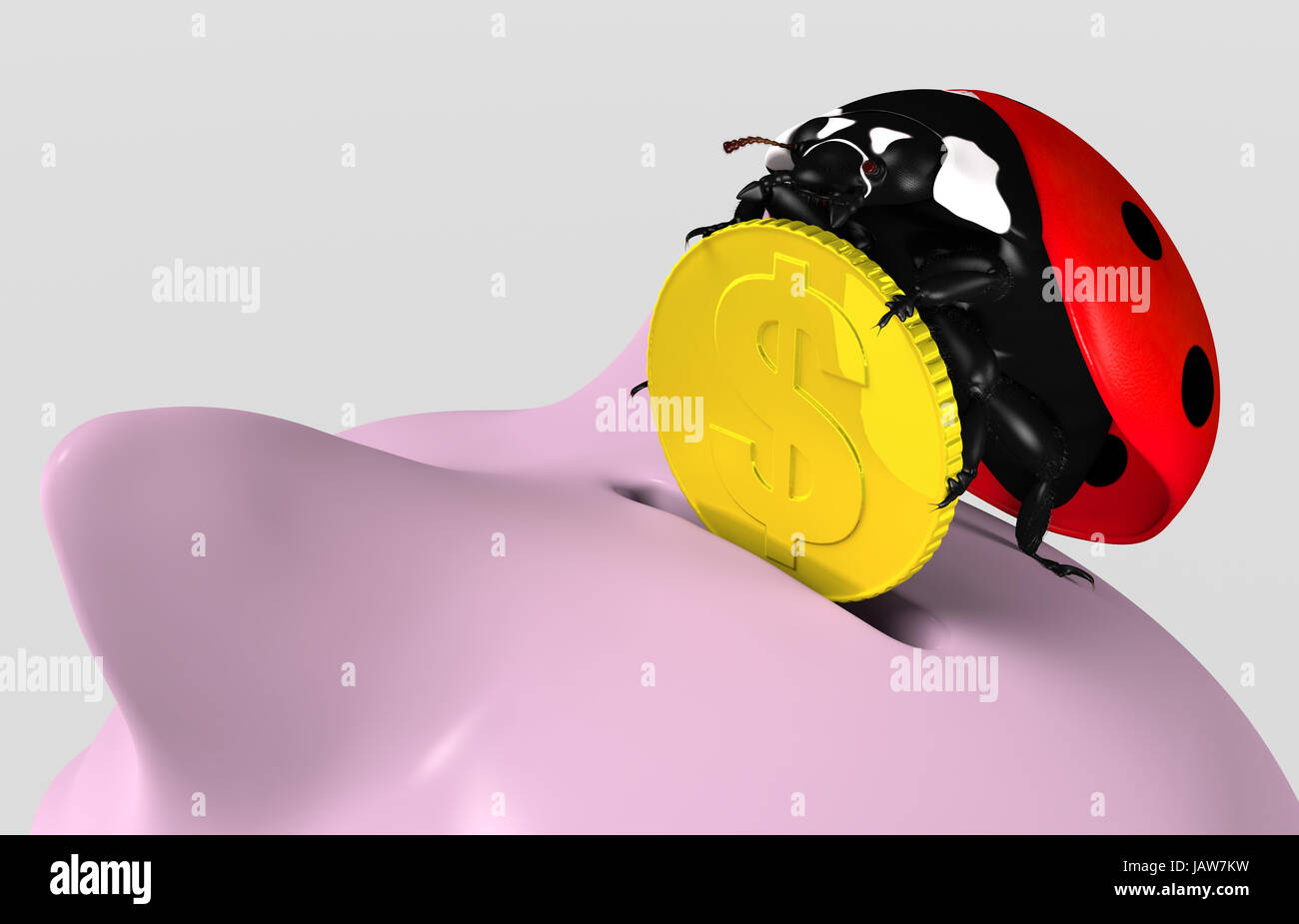 closeup of a ladybug on top of a piggy bank that stands up and puts a ...