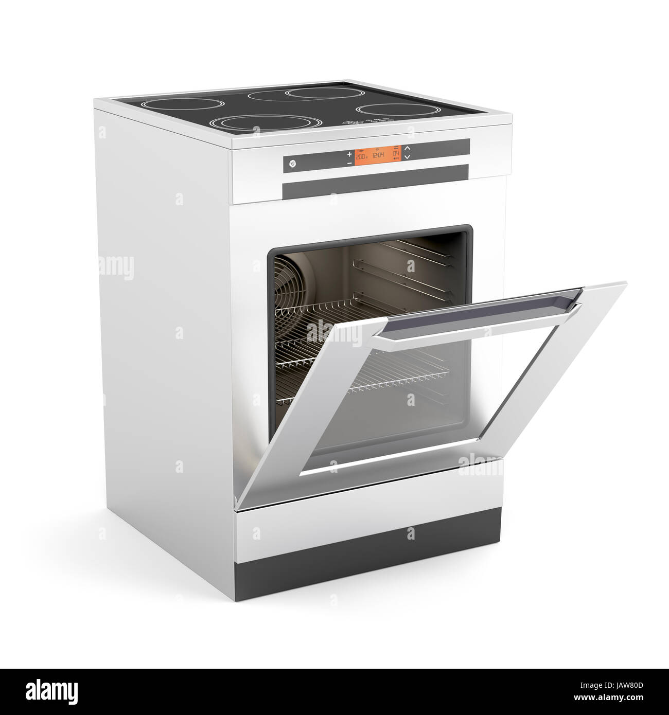 Modern electric stove with opened door on white background Stock Photo ...