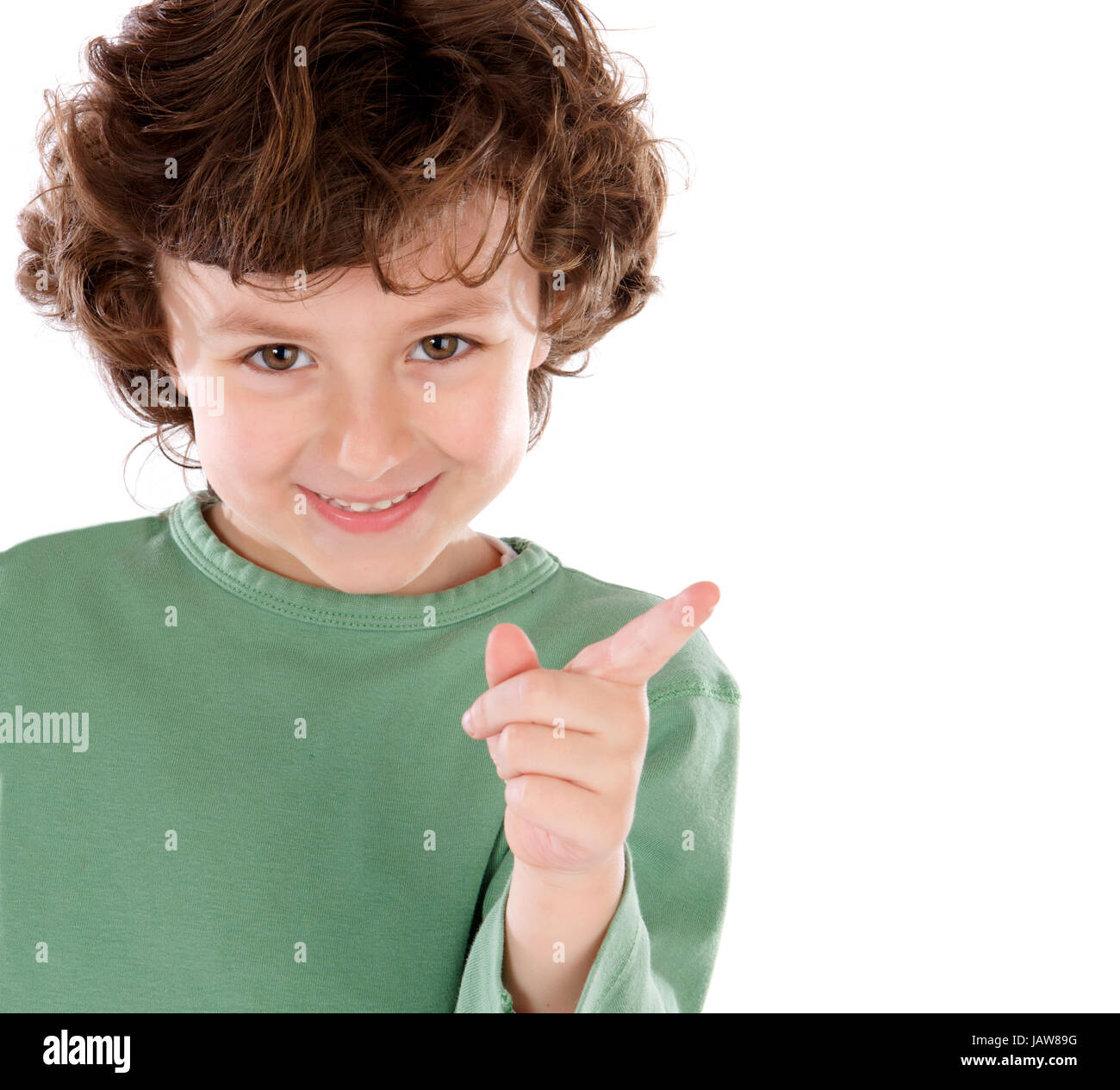 Funny little child in green isolated on a white background Stock Photo ...
