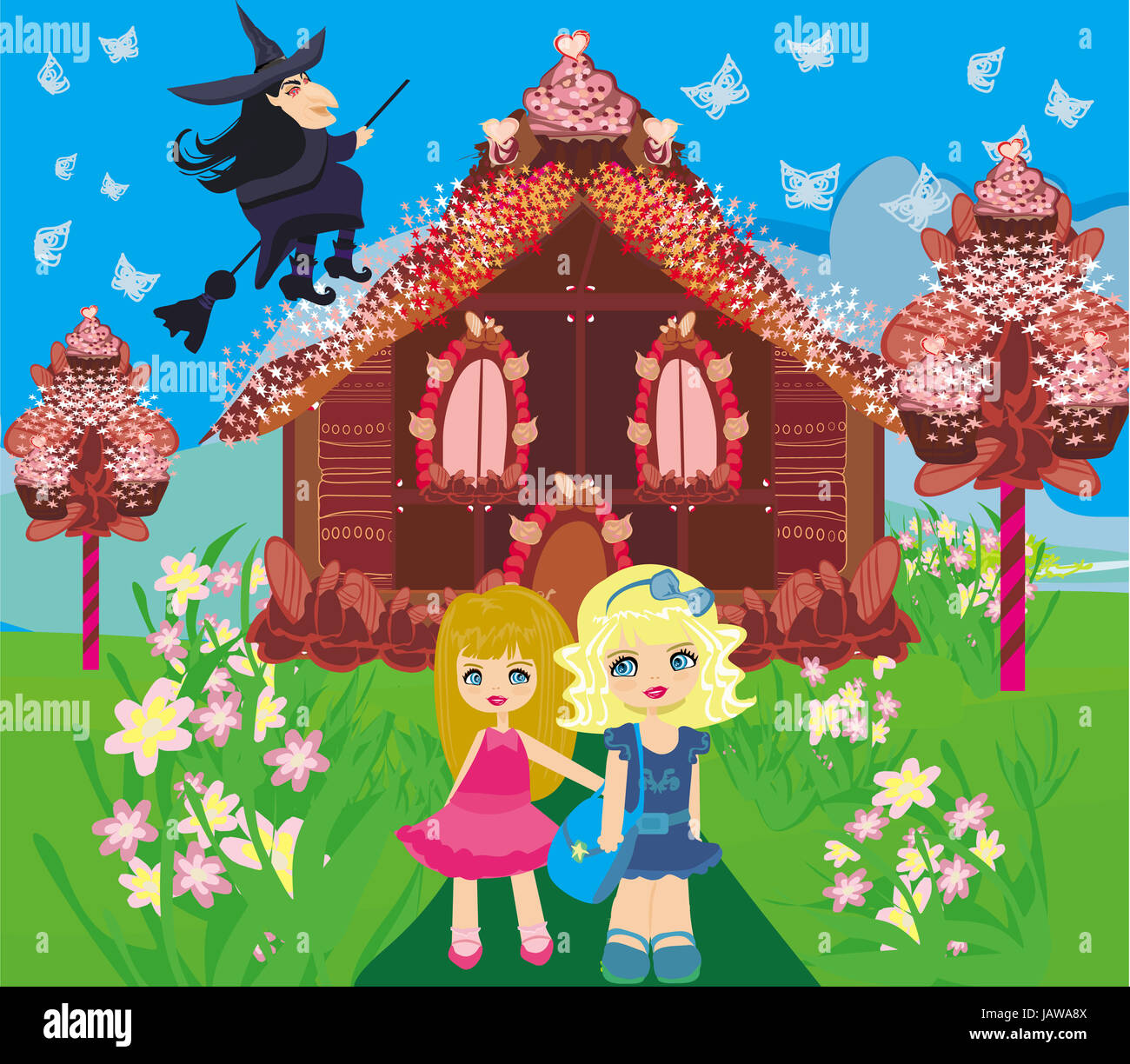 gingerbread house , children and witch Stock Photo - Alamy