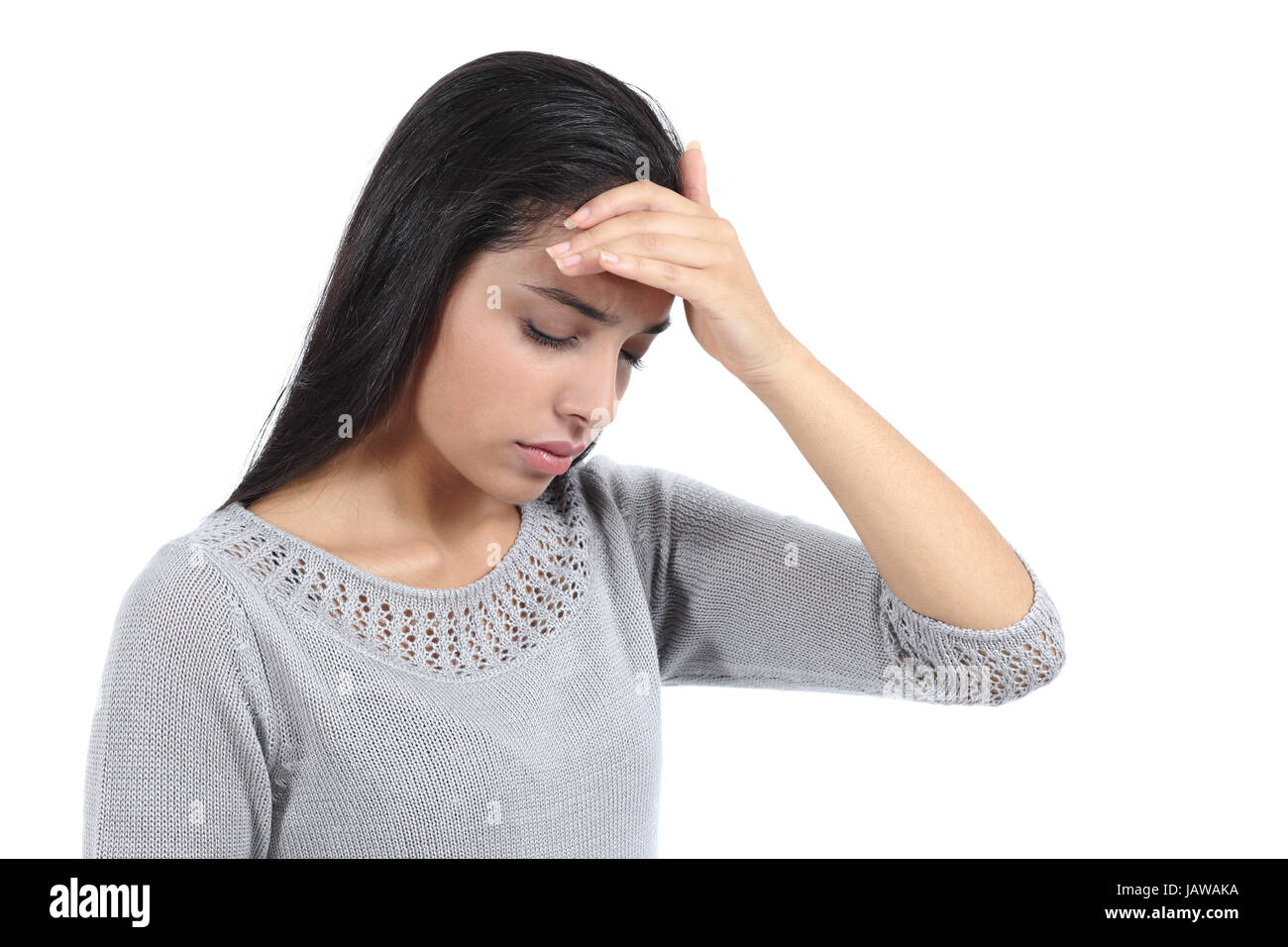 Beautiful arab woman with headache and the hand over forehead isolated ...