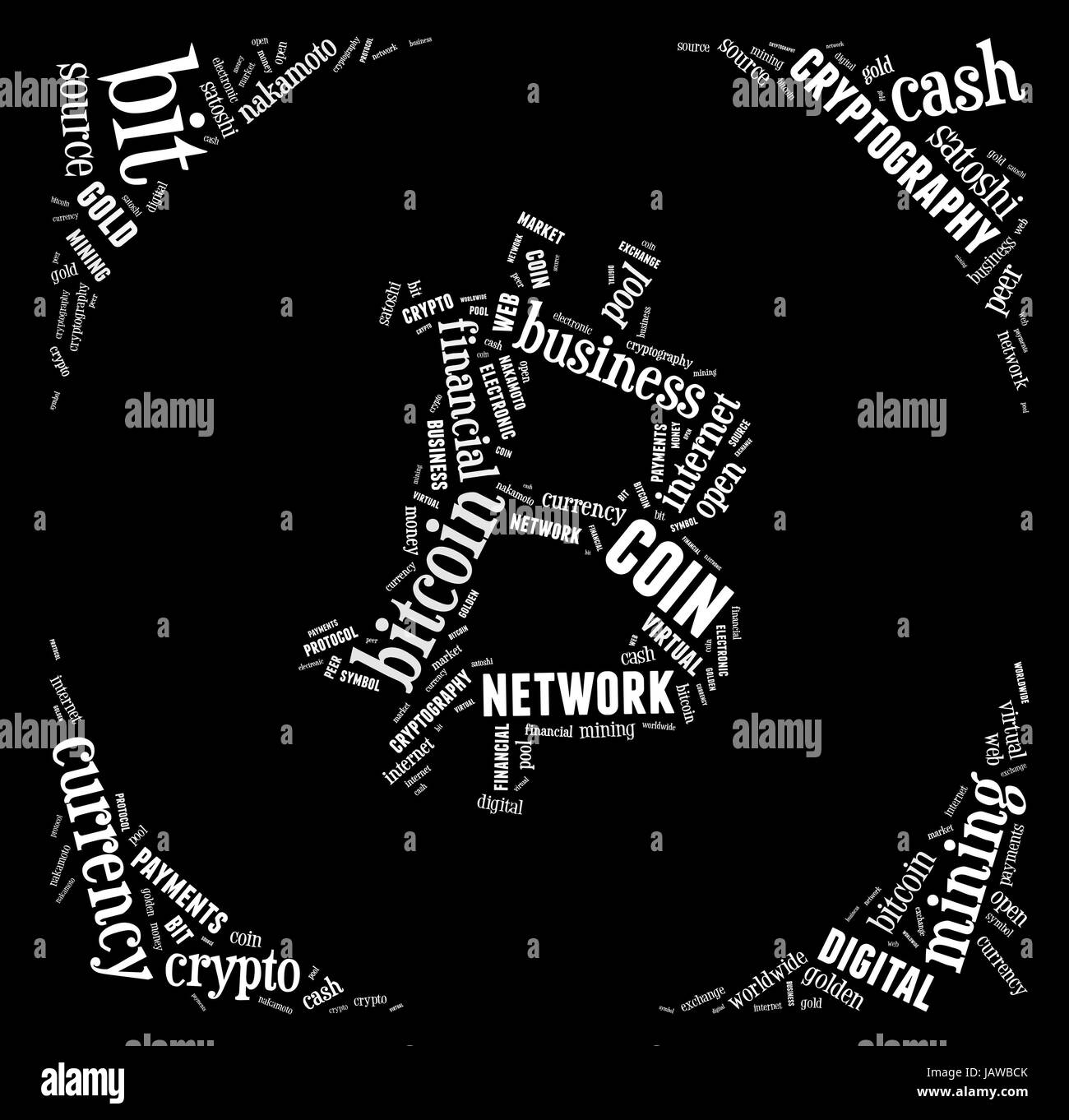 bitcoin logo word cloud with white wordings on black background Stock ...
