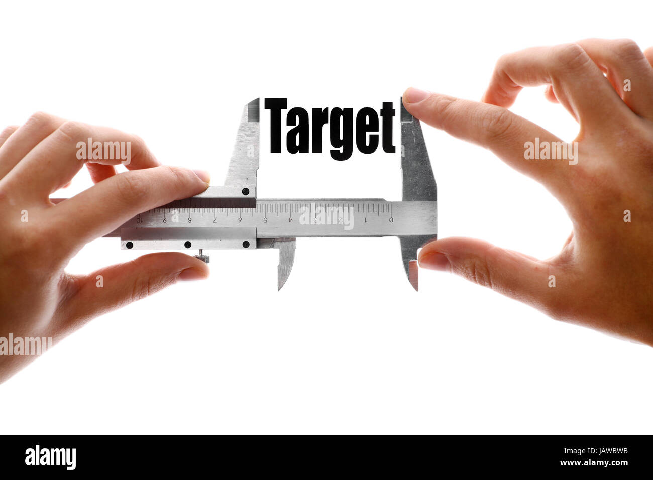 Close up shot of a caliper measuring the word "Target Stock Photo - Alamy