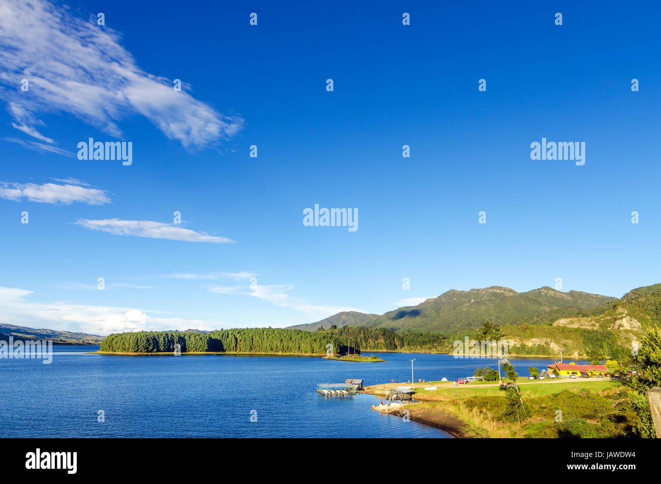 Blue water and sky of Neusa Lake in Cundinamarca, Colombia Stock Photo ...