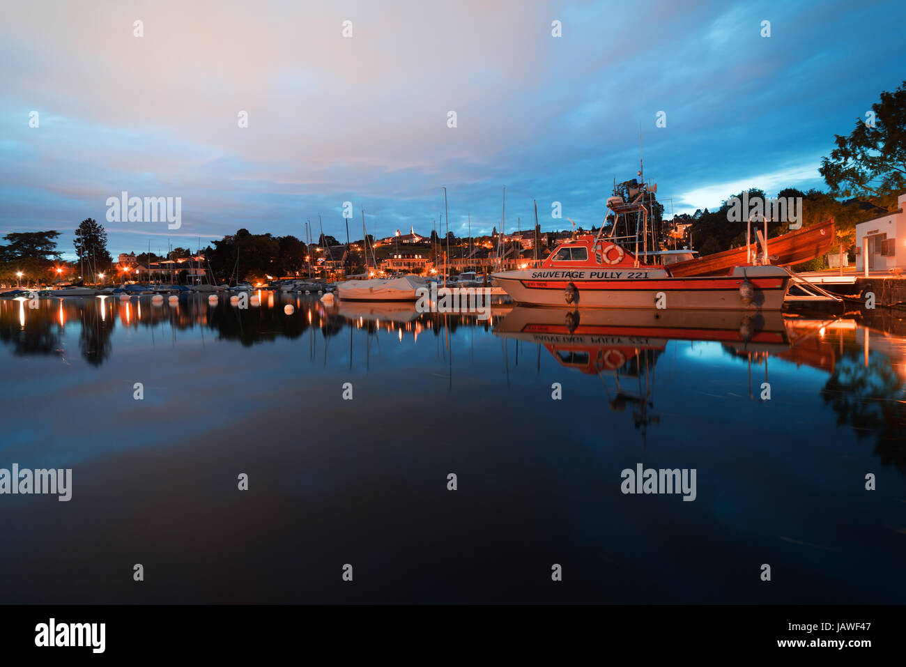 Nightfall at Pully in Switzerland by Lake Leman (Lake Geneva Stock ...