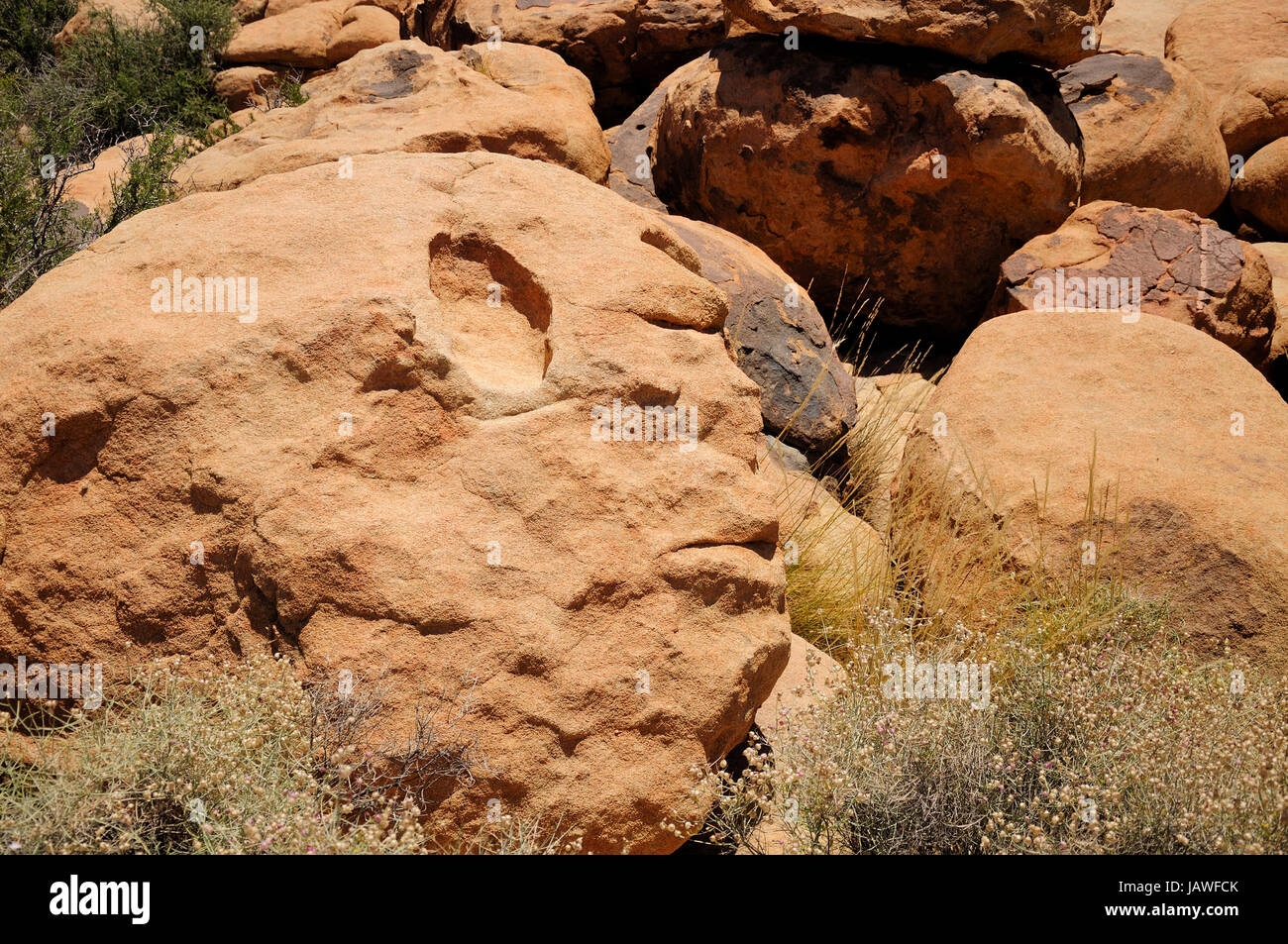 A face shaped kissing rock in the arid desert within the Joshua Tree ...